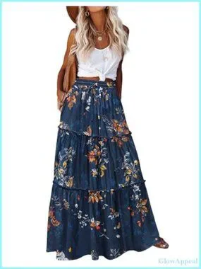 Skirts | Boho Floral Maxi Skirt High Waist Aline Long Flowy With ...